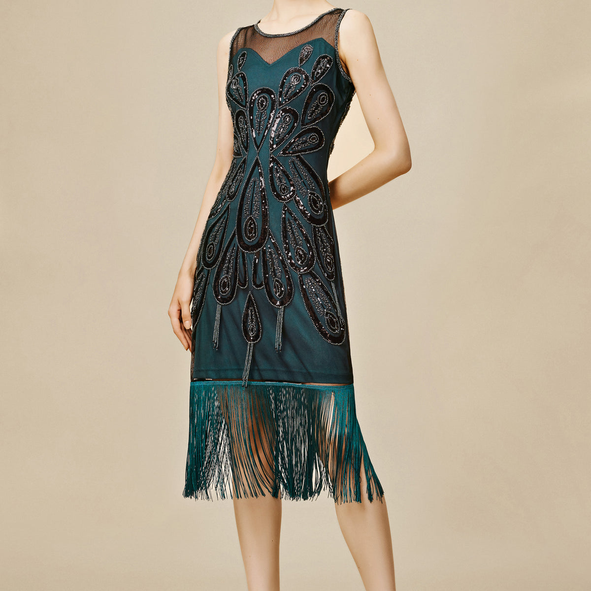 Shop 1920s Dresses - Sequin Peacock Tassel Dress | BABEYOND